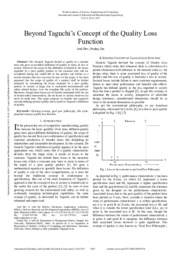 (PDF) Beyond Taguchi'S Concept Of The Quality Loss Function