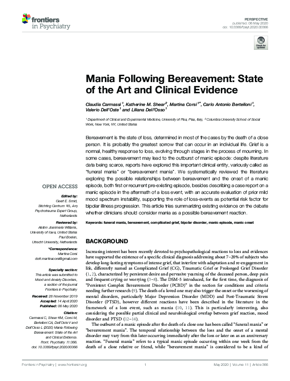 (PDF) Mania Following Bereavement: State of the Art and Clinical Evidence