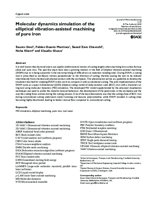 (PDF) Molecular Dynamics Simulation of Elliptical Vibration Cutting