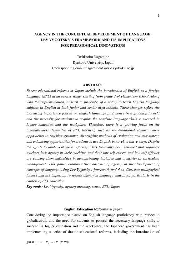 (PDF) Agency in the conceptual development of language: Lev Vygotsky’s framework and its ...