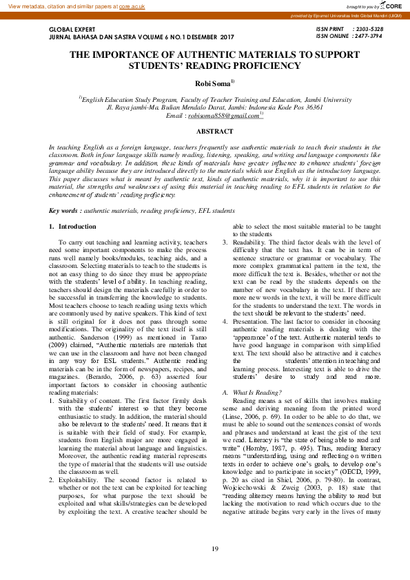 (PDF) The Importance of Authentic Materials to Support Students ...