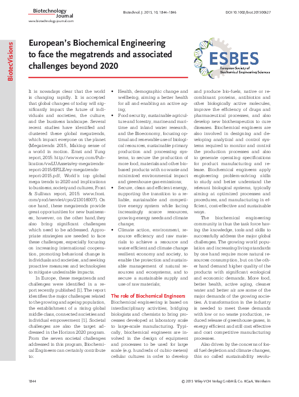 (PDF) European's Biochemical Engineering to face the megatrends and ...
