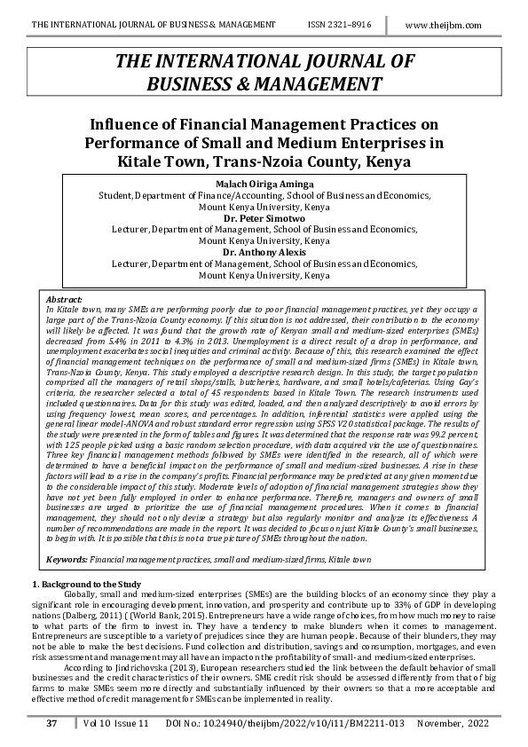 (PDF) Influence of Financial Management Practices on Performance of Small and Medium Enterprises ...