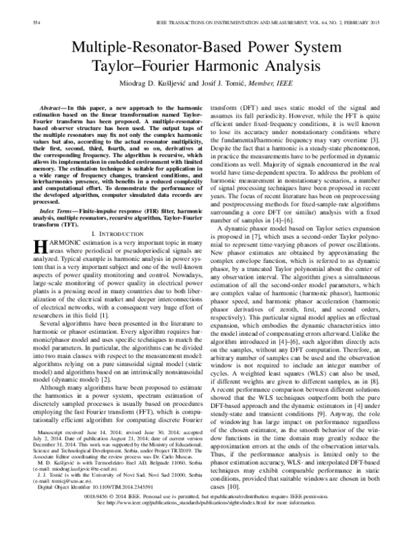 (PDF) Multiple-Resonator-Based Power System Taylor-Fourier Harmonic Analysis