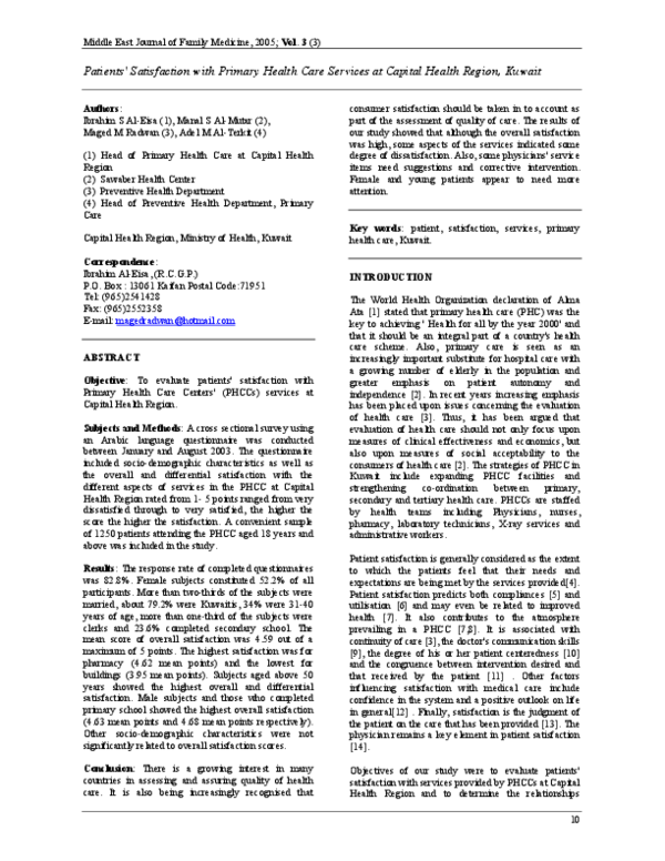 (PDF) Patients' Satisfaction with Primary Health Care Centers' Services ...