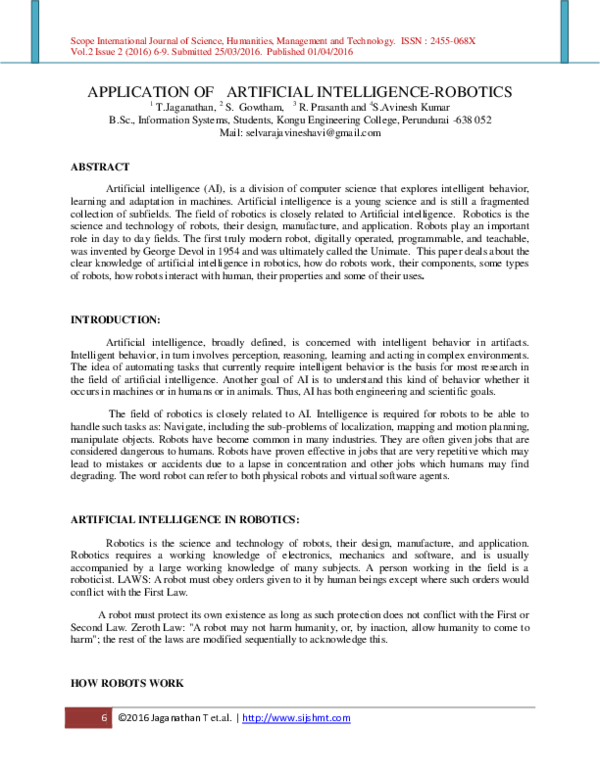 (PDF) Application of Artificial Intelligence-Robotics