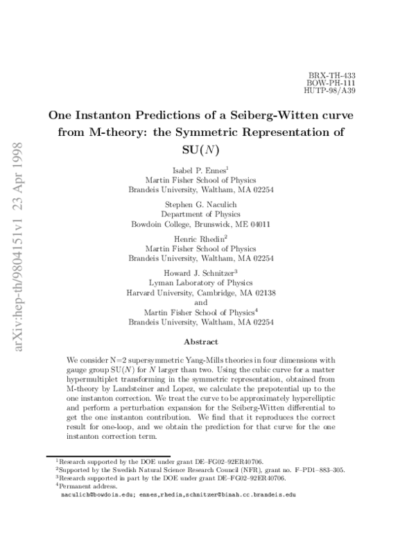 (PDF) One-Instanton Predictions of a Seiberg–Witten Curve from M Theory ...