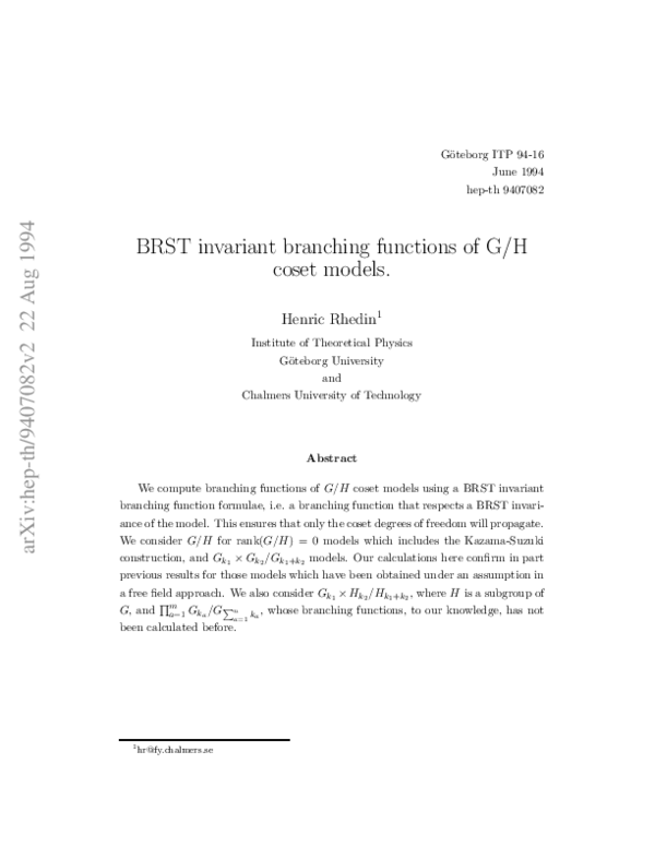 (PDF) BRST invariant branching functions of G/H coset models