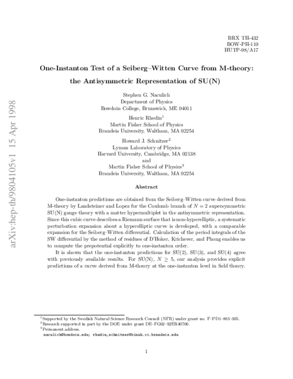 (PDF) One-instanton test of a Seiberg-Witten curve from M-theory: the ...