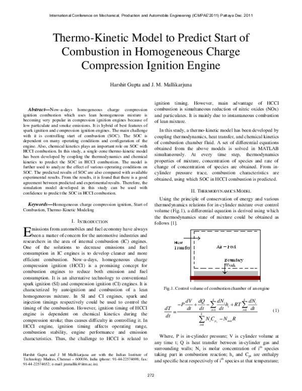 (PDF) Thermo-Kinetic Model to Predict Start of Combustion in Homogeneous Charge Compression ...