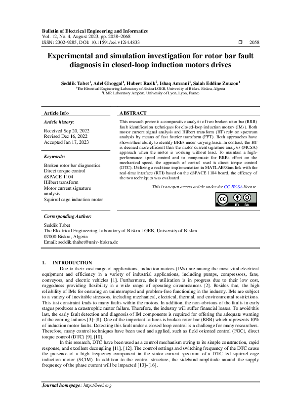 Pdf Experimental And Simulation Investigation For Rotor Bar Fault Diagnosis In Closed Loop