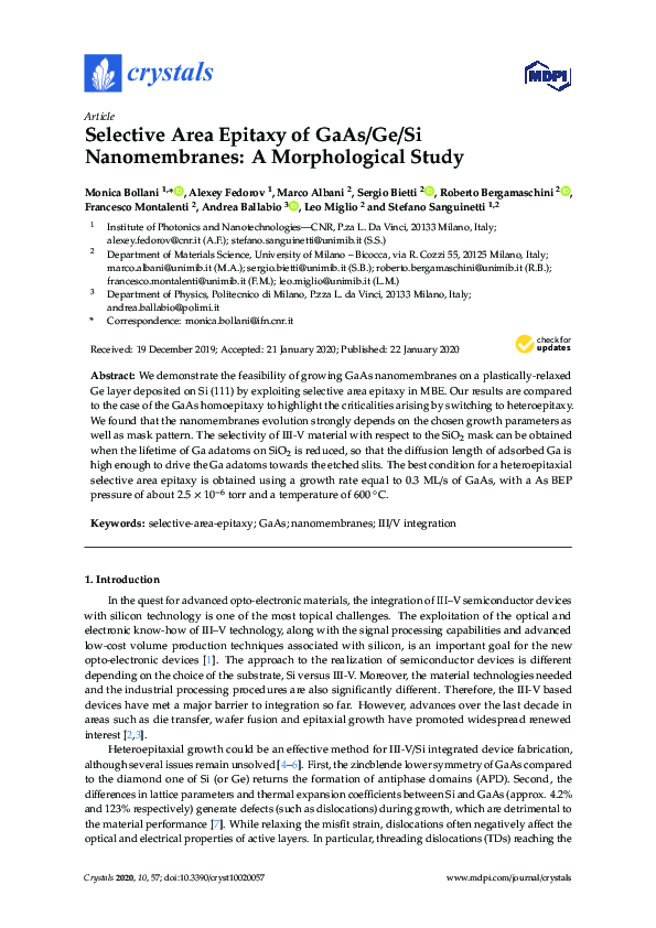 (PDF) Selective Area Epitaxy of GaAs/Ge/Si Nanomembranes: A Morphological Study