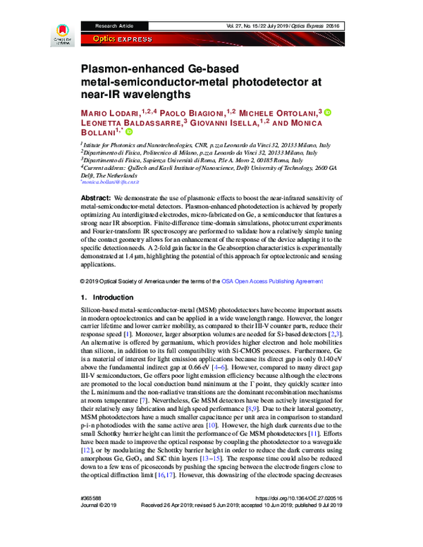 (PDF) Plasmon-enhanced Ge-based metal-semiconductor-metal photodetector at near-IR wavelengths