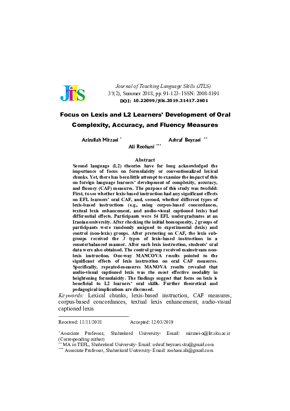 (PDF) Focus on Lexis and L2 Learners' Development of Oral Complexity, Accuracy, and Fluency Measures