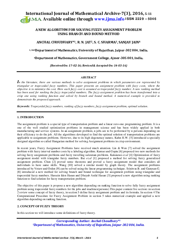 (PDF) A New Algorithm for Solving Fuzzy Assignment Problem Using Branch and Bound Method