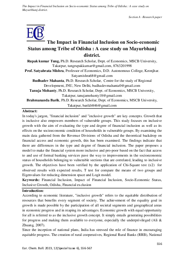 (PDF) The Impact in Financial Inclusion on Socio-economic Status among Tribe of Odisha : A case ...