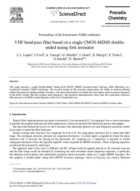 (PDF) VHF band-pass filter based on a single CMOS-MEMS double-ended tuning fork resonator