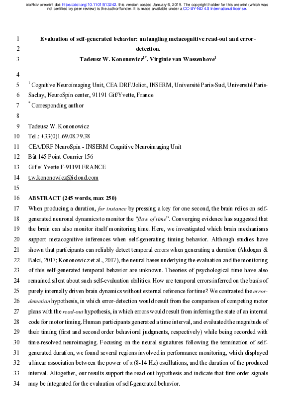 (PDF) Evaluation of self-generated behavior: untangling metacognitive read-out and error detection