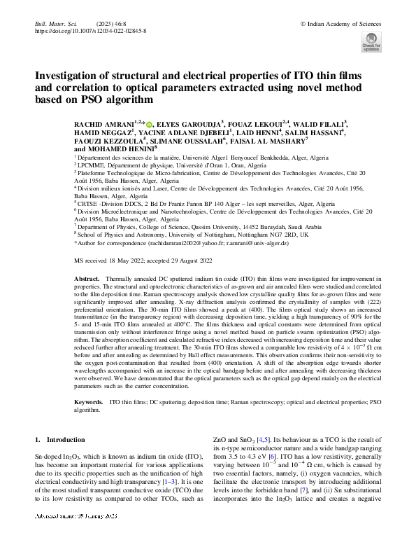 (PDF) Investigation of structural and electrical properties of ITO thin films and correlation to ...