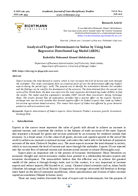 (PDF) Analysis of Export Determinants in Sudan by Using Auto Regressive ...