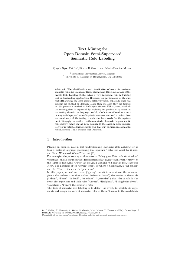 Pdf Text Mining For Open Domain Semi Supervised Semantic Role Labeling Quynh Ngoc