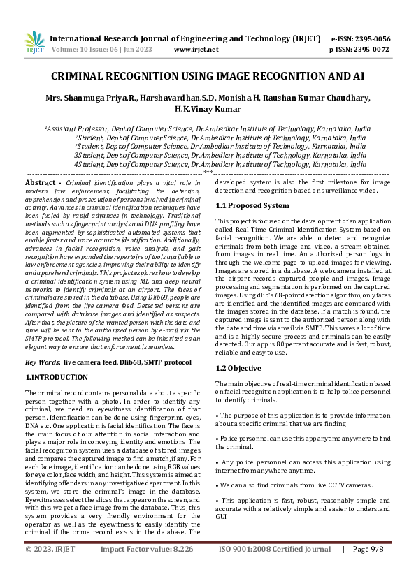 Pdf Criminal Recognition Using Image Recognition And Ai