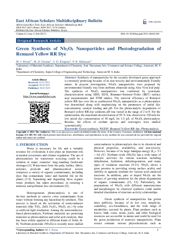 (PDF) Green Synthesis of Nb2O5 Nanoparticles and Photodegradation of Remazol Yellow RR Dye