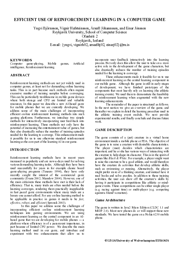 (PDF) Efficient use of reinforcement learning in a computer game