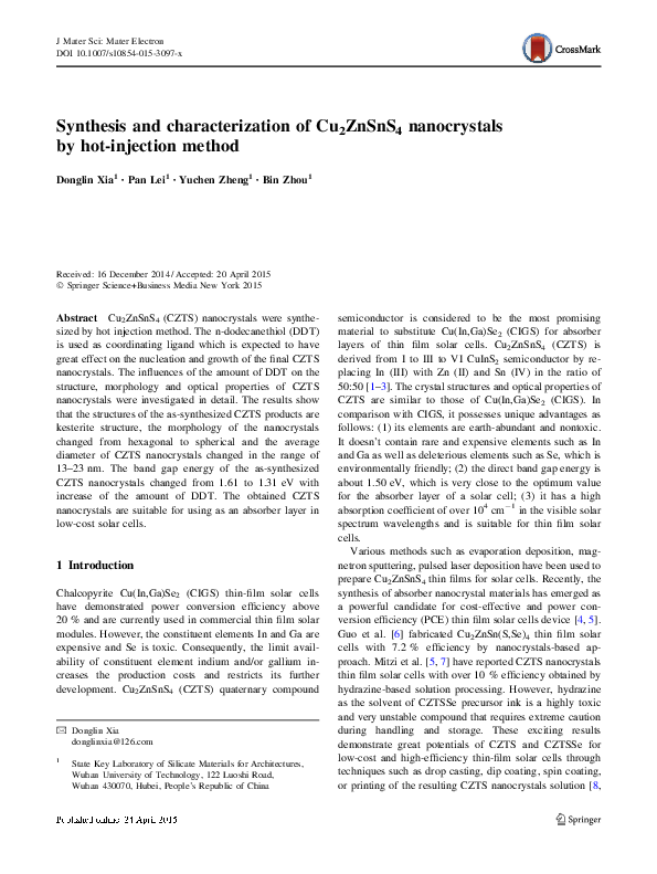 (PDF) Synthesis and characterization of Cu2ZnSnS4 nanocrystals by hot ...