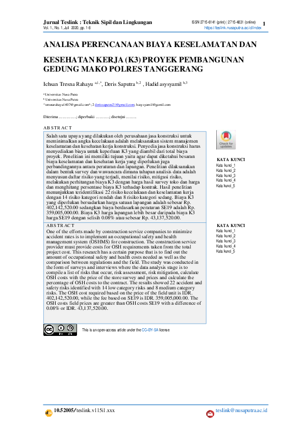 (PDF) ANALISA PERENCANAAN BIAYA KESELAMATAN DAN KESEHATAN KERJA (K3) PROYEK PEMBANGUNAN GEDUNG ...