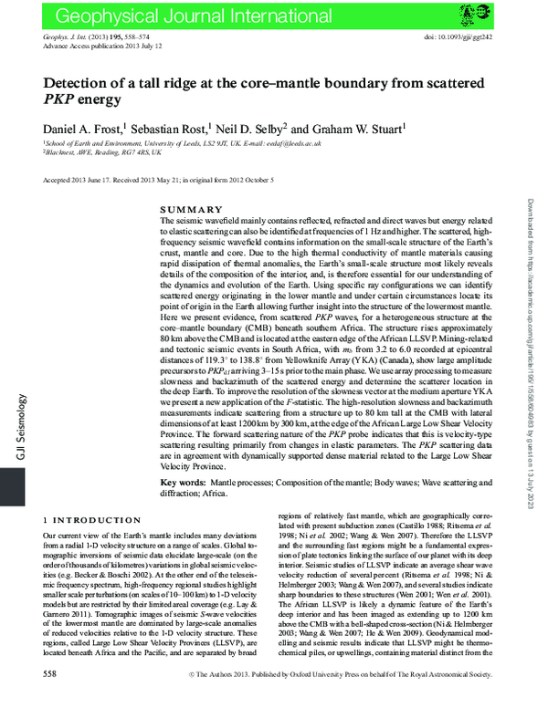 (PDF) Detection of a tall ridge at the core–mantle boundary from ...