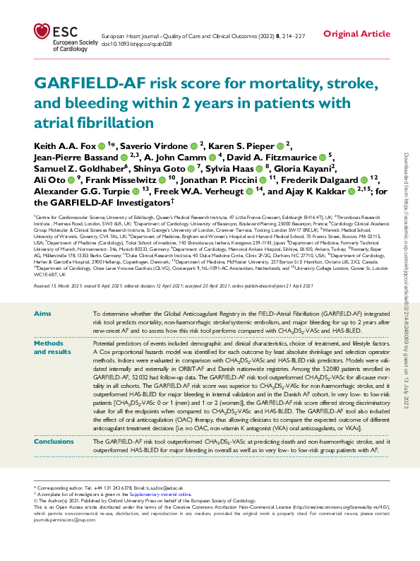 (PDF) GARFIELD-AF risk score for mortality, stroke, and bleeding within ...