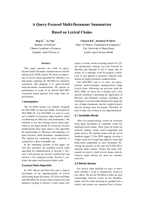 (PDF) A query-focused multi-document summarizer based on lexical chains | Jonathan Webster ...