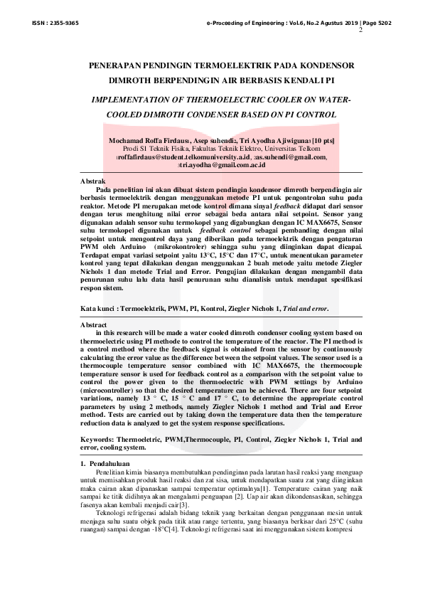 (PDF) Penerapan Pendingin Termoelektrik Pada Kondensor Dimroth Berpendingin Air Berbasis Kendali PI