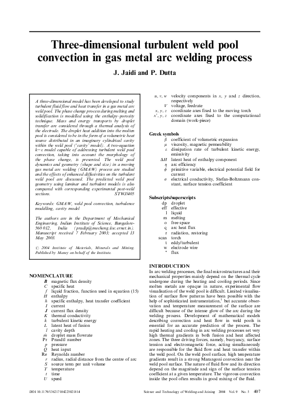 (PDF) Three-dimensional turbulent weld pool convection in gas metal arc ...