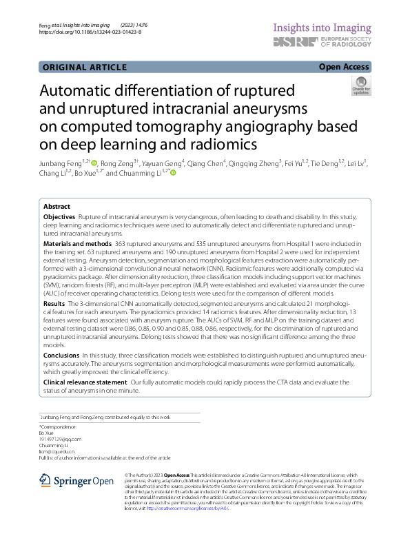 (PDF) Automatic differentiation of ruptured and unruptured intracranial aneurysms on computed ...