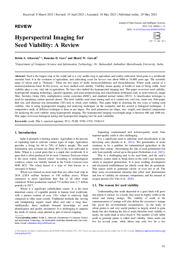 (PDF) Hyperspectral Imaging for Seed Viability: A Review