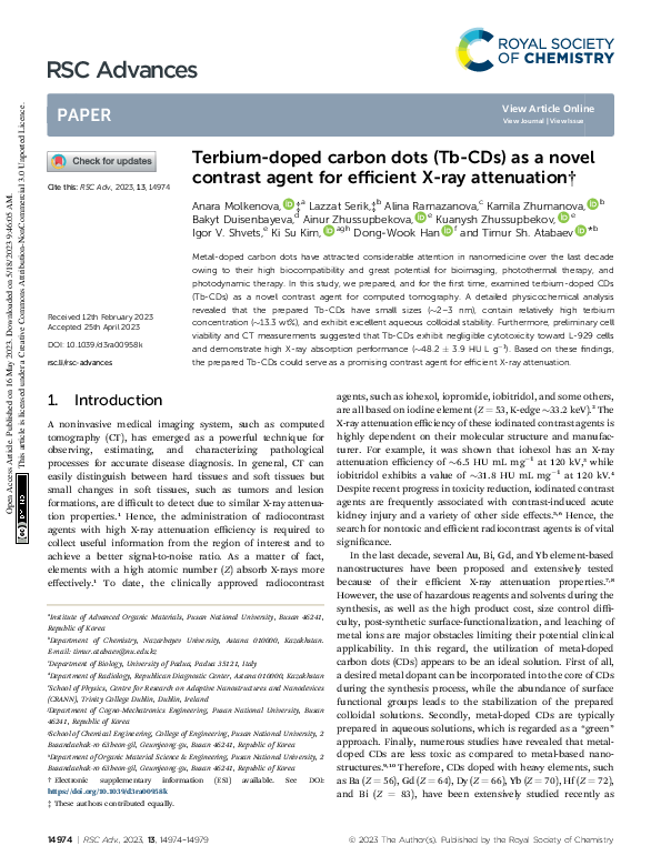 (PDF) Terbium-doped carbon dots (Tb-CDs) as a novel contrast agent for efficient X-ray attenuation