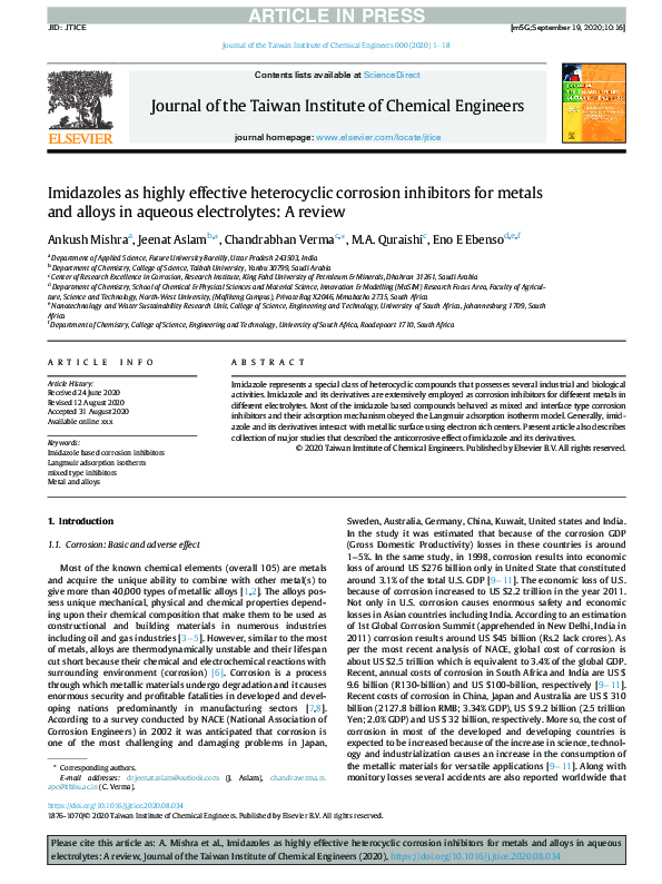 (PDF) Imidazoles as highly effective heterocyclic corrosion inhibitors for metals and alloys in ...