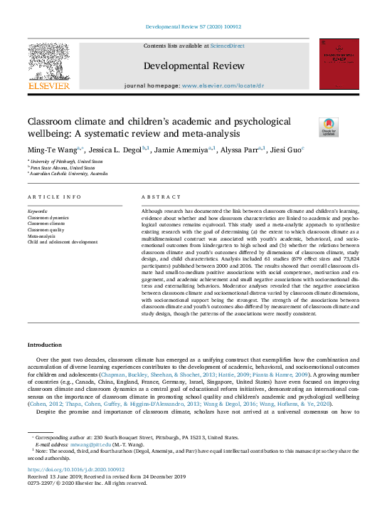 (PDF) Classroom climate and children’s academic and psychological ...