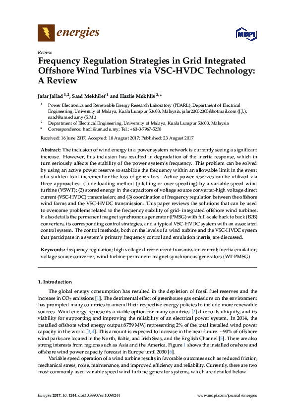 (PDF) Frequency Regulation Strategies in Grid Integrated Offshore Wind Turbines via VSC-HVDC ...