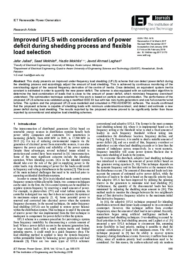 (PDF) Improved UFLS with consideration of power deficit during shedding ...