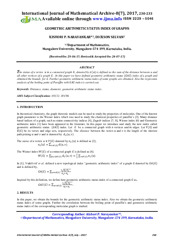 (PDF) GEOMETRIC ARITHMETIC STATUS INDEX Of GRAPHS