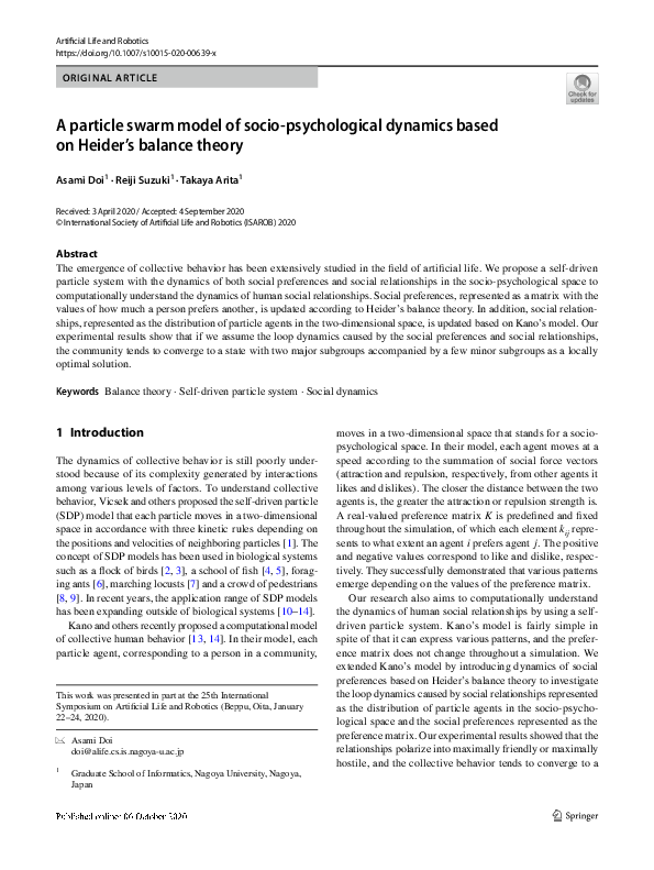 (PDF) A particle swarm model of socio-psychological dynamics based on ...