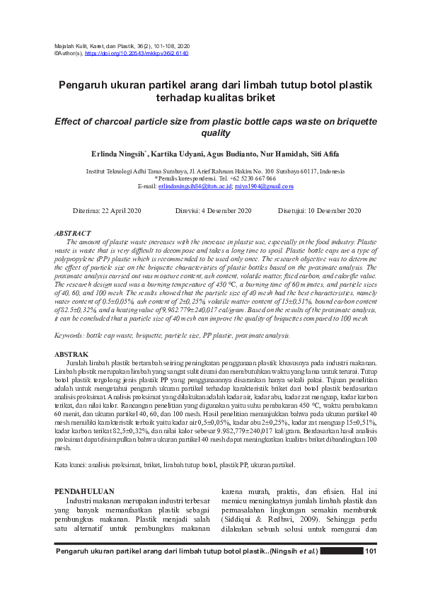 (PDF) Pengaruh ukuran partikel arang dari limbah tutup botol plastik terhadap kualitas briket