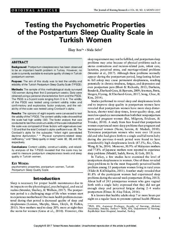 (PDF) Testing the Psychometric Properties of the Postpartum Sleep ...