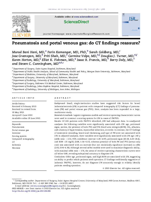 (PDF) Pneumatosis and portal venous gas: do CT findings reassure?