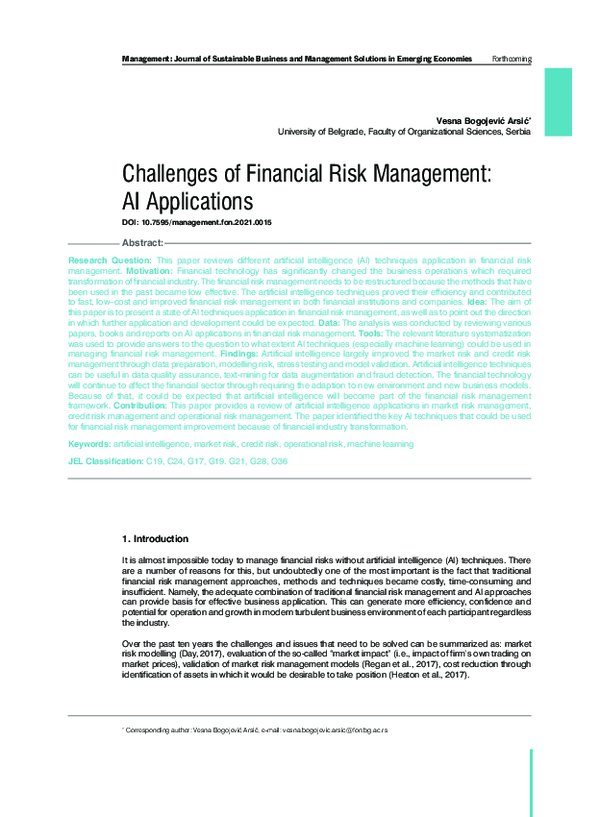 (PDF) Challenges of Financial Risk Management: AI Applications