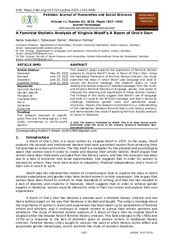 (PDF) A Feminist Stylistic Analysis of Virginia Woolf's A Room of One's Own