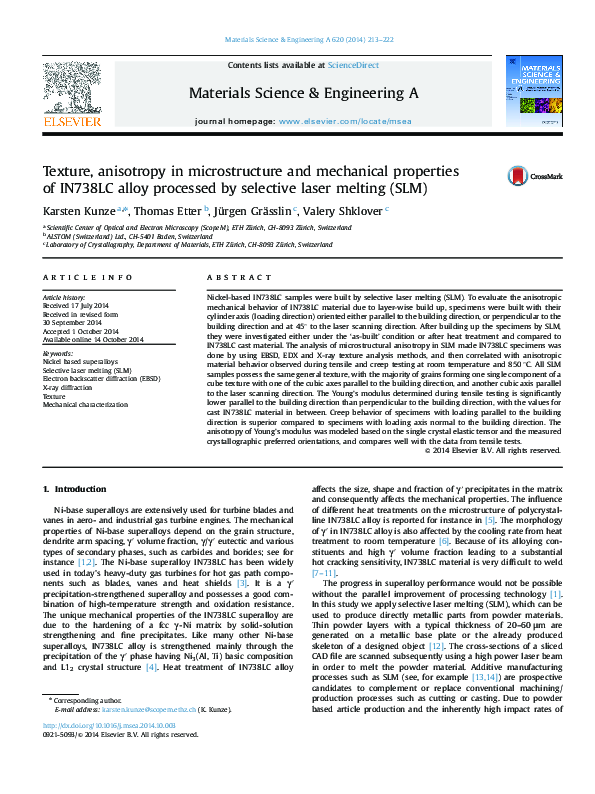 (PDF) Texture, anisotropy in microstructure and mechanical properties of IN738LC alloy processed ...